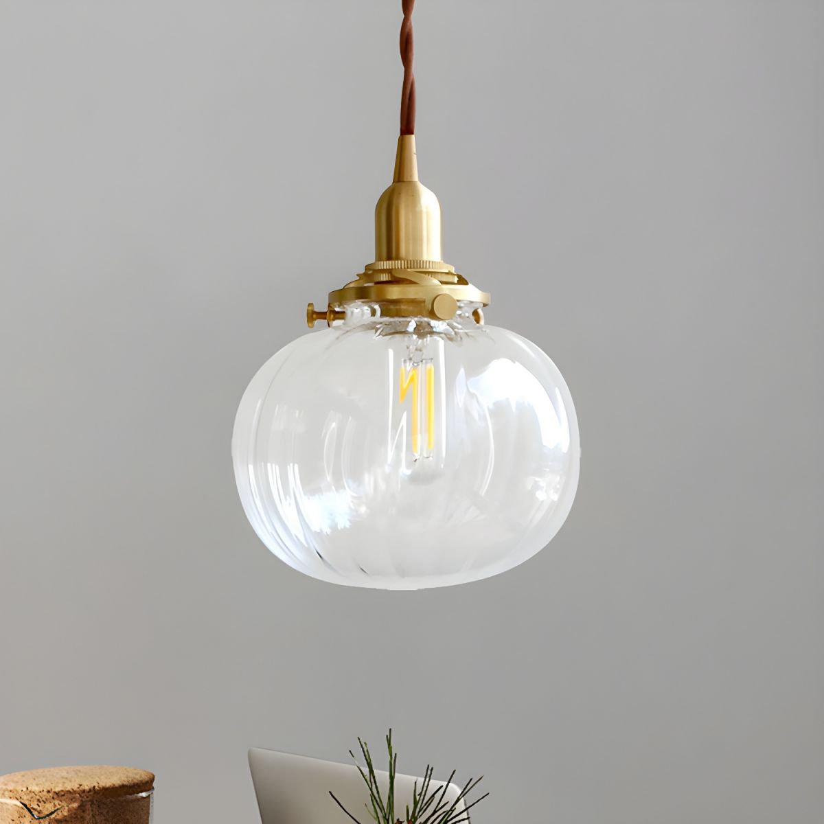 Pumpkin Designed Pendant Light Kit Simplicity Clear Ribbed Glass Single ...