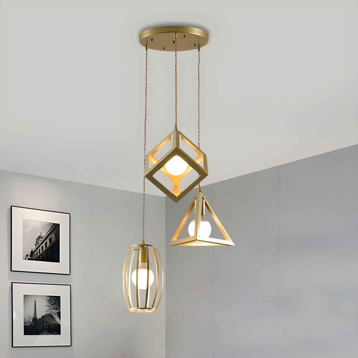 Metallic Gold Multi Drop Pendant Geometric Caged 3 Heads Vintage ...