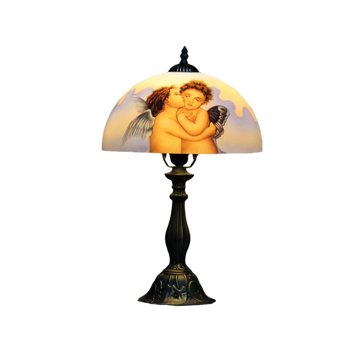 Angel-Print Dome Shade Table Light 1 Bulb Handcrafted Glass Traditional ...