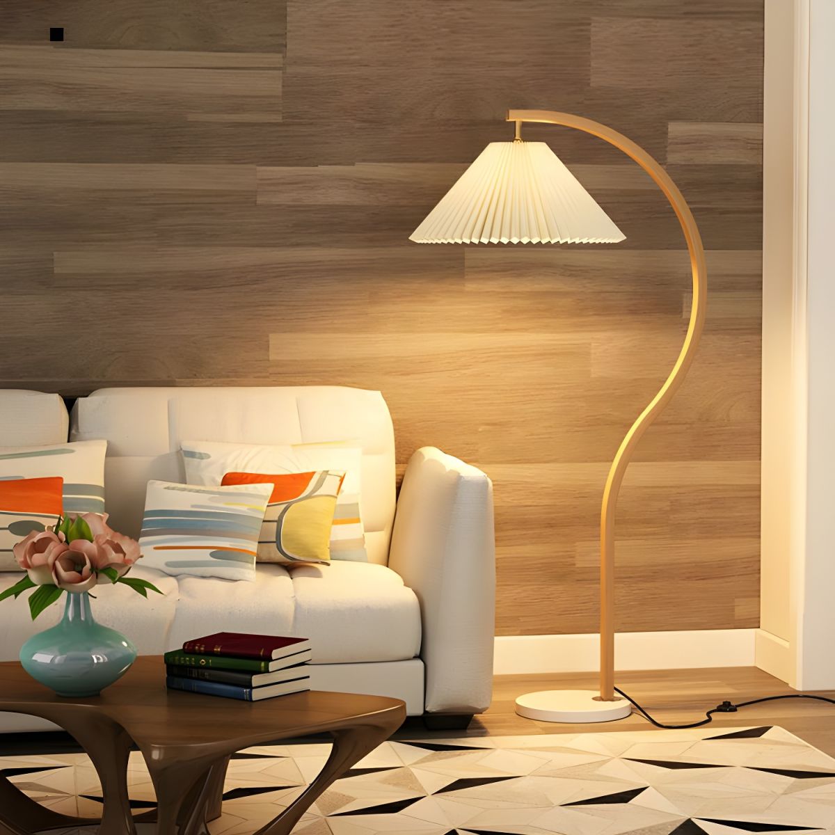 Elegant Modern Wood Floor Lamp with Beige Cone Shade and Foot Switch ...